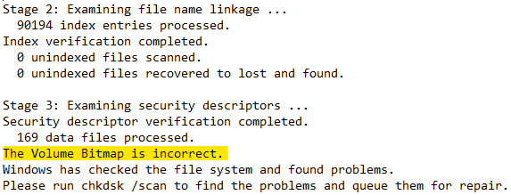 Sample Chkdsk Errors