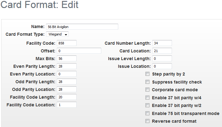 Avigilon 56-bit Card Format for ACM EC, PRO, ENT, and VM