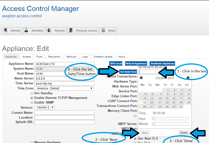 How to set the time and date in the ACM appliance