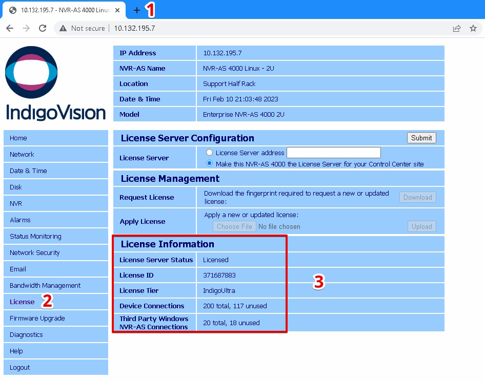 IndigoVision Control Center License information screen
