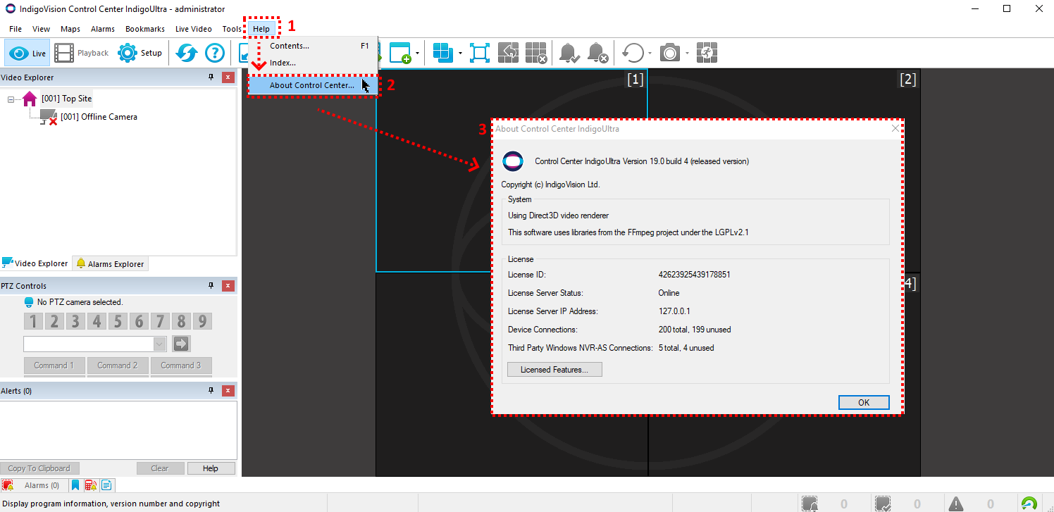 IndigoVision Control Center License information screen