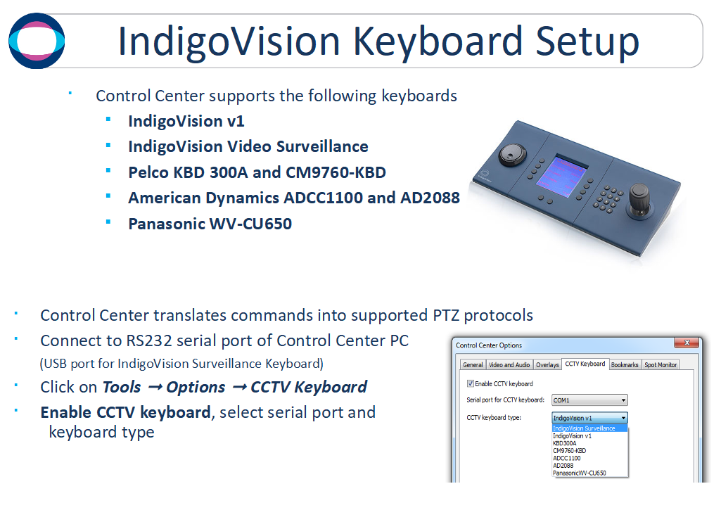 IndigoVision Control Center Supported Keyboards