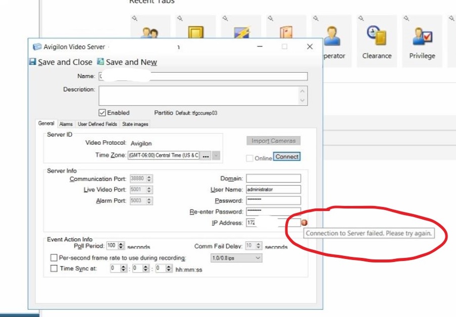 CCURE 2.9 integration - Avigilon server won't connect in CCURE