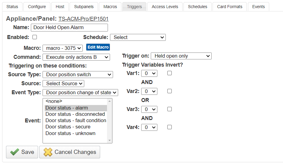 ACM - Configure Macros and Triggers for Door Alarm