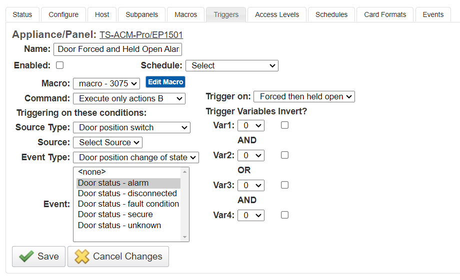 Acm Configure Macros And Triggers For Door Alarm