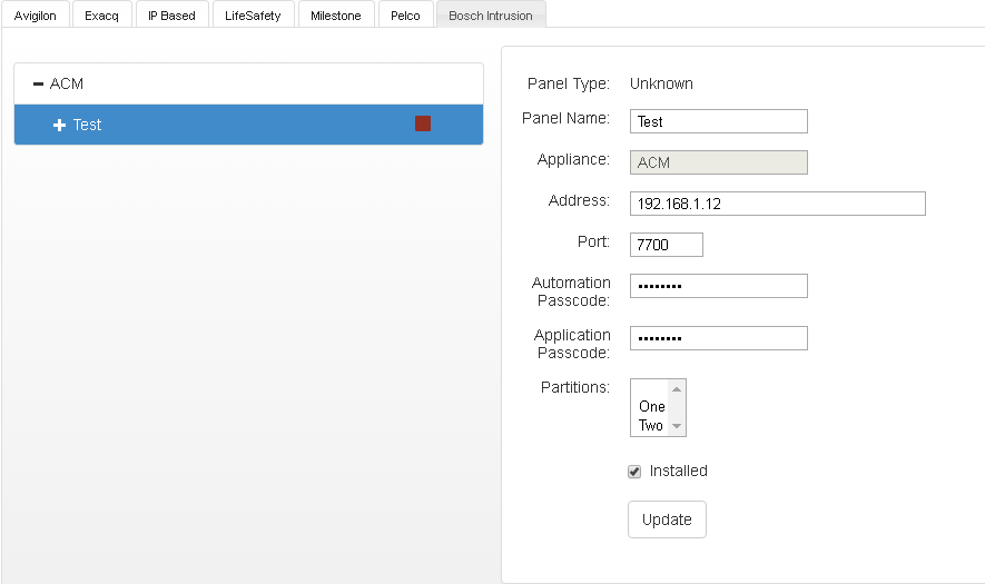 Bosch Alarm Panel Integration with ACM