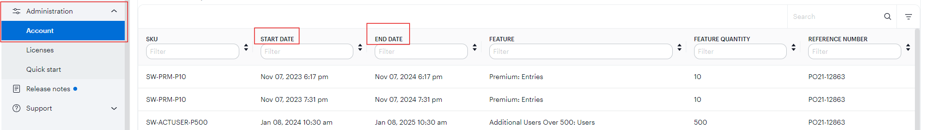 Alta Access Control License subscription start and end date