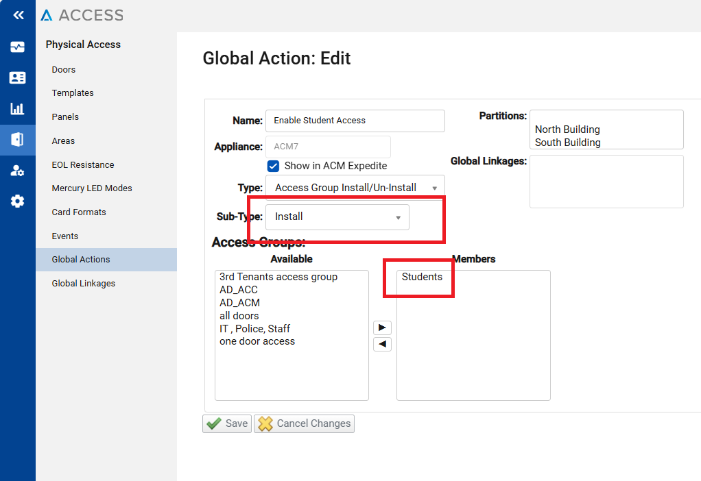 ACM6/UA7 - Global Action limiting door access manually,